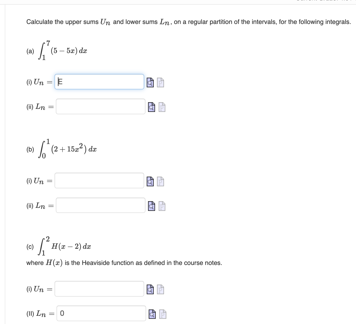 Solved Calculate the upper sums Un and lower sums Ln, on a | Chegg.com