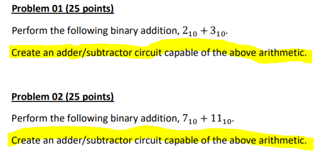 Solved Problem 01 (25 points) Perform the following binary | Chegg.com