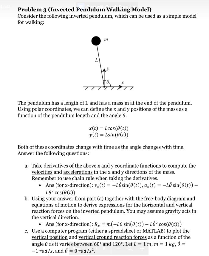 Problem 3 (Inverted Pendulum Walking Model) Consider | Chegg.com Problem 3 (Inverted Pendulum Walking Model) Consider | Chegg.com