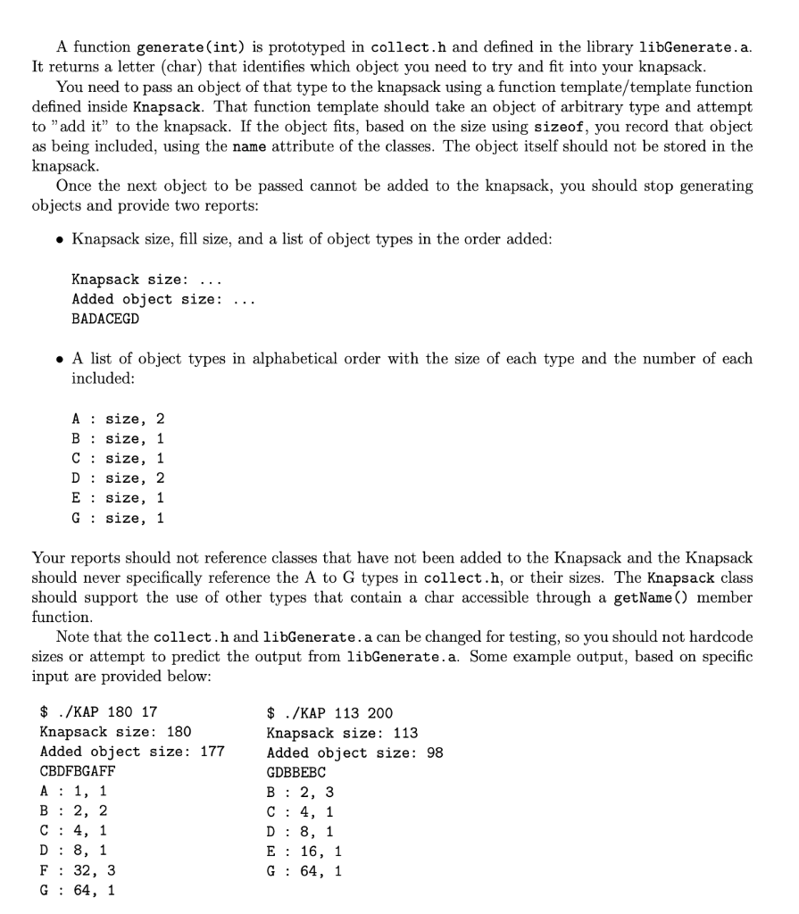 Overview This assignment involves a Knapsack class | Chegg.com