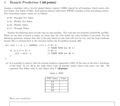 Solved 5. Branch Prediction I (60 points) Assume a machine | Chegg.com