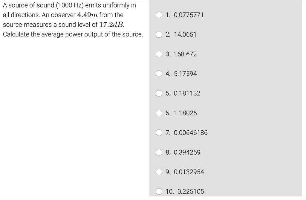Solved 1. 0.0775771 A source of sound (1000 Hz) emits | Chegg.com