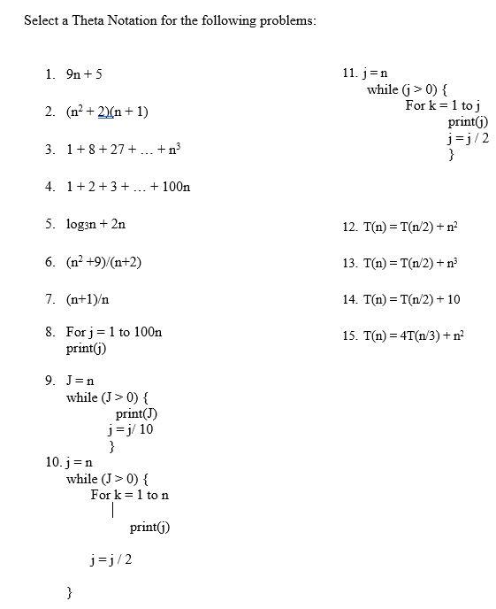 Solved Select a Theta Notation for the following problems: | Chegg.com