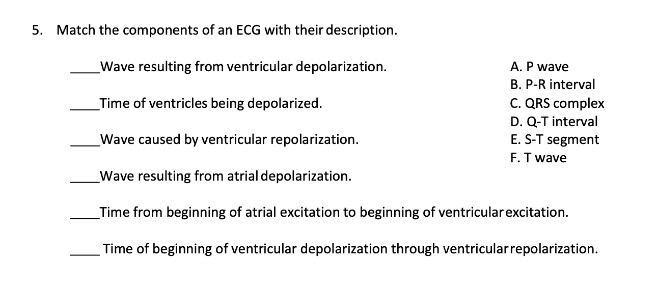 Solved 5. Match the components of an ECG with their | Chegg.com