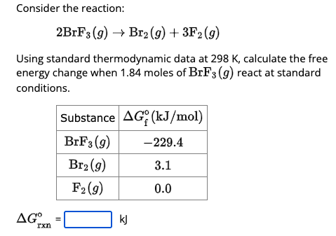Solved Consider the reaction: 2BrF3(g)→Br2(g)+3 F2(g) Using | Chegg.com