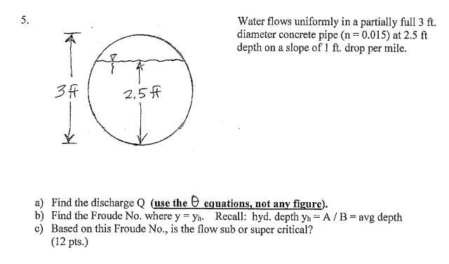 Solved 5. Water flows uniformly in a partially full 3 ft. | Chegg.com