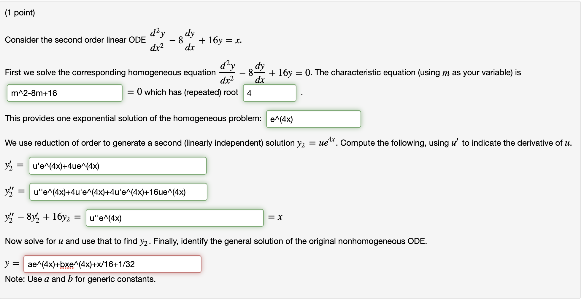 Solved Consider the second order linear ODE y''-8y'+16y=x I | Chegg.com