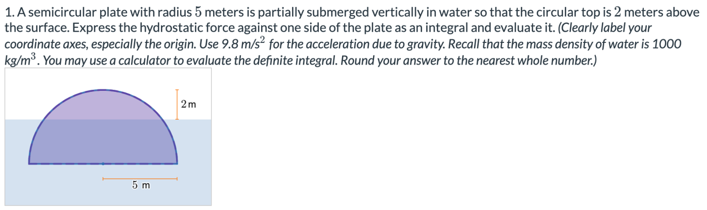 Solved 1. A semicircular plate with radius 5 meters is | Chegg.com