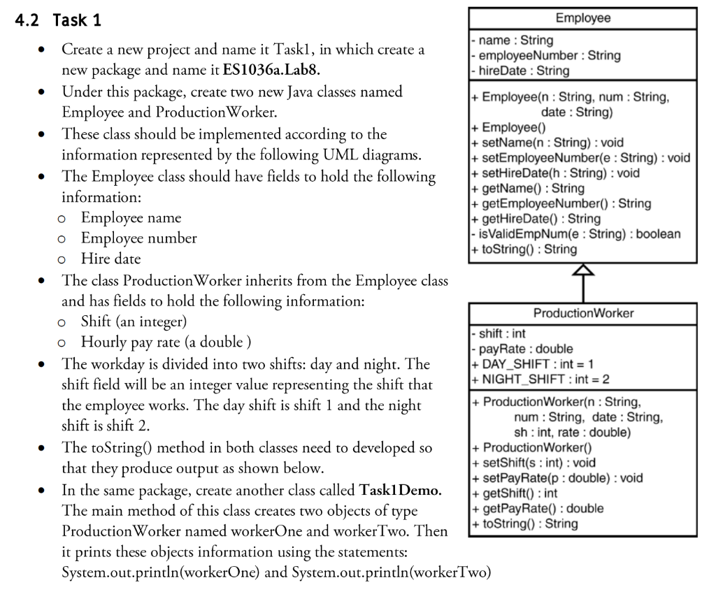 Solved 4.2 Task 1 Employee - name : String • Create a new | Chegg.com
