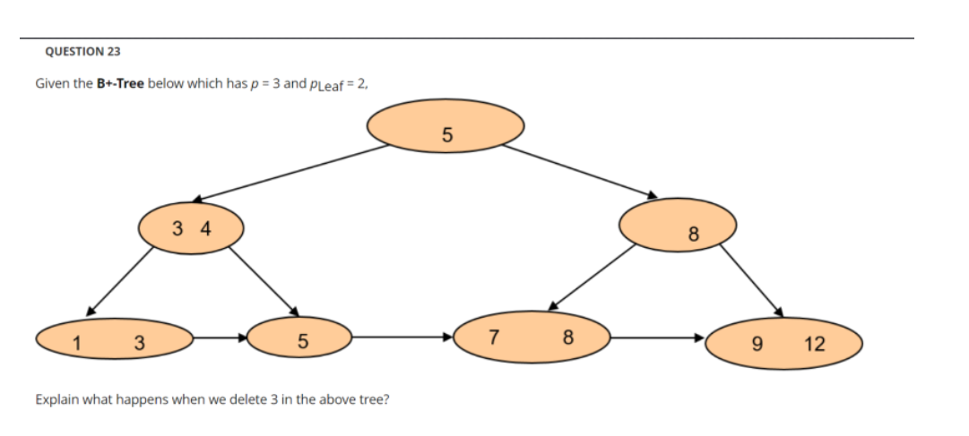 Solved QUESTION 23 Given the B+-Tree below which has p = 3 | Chegg.com