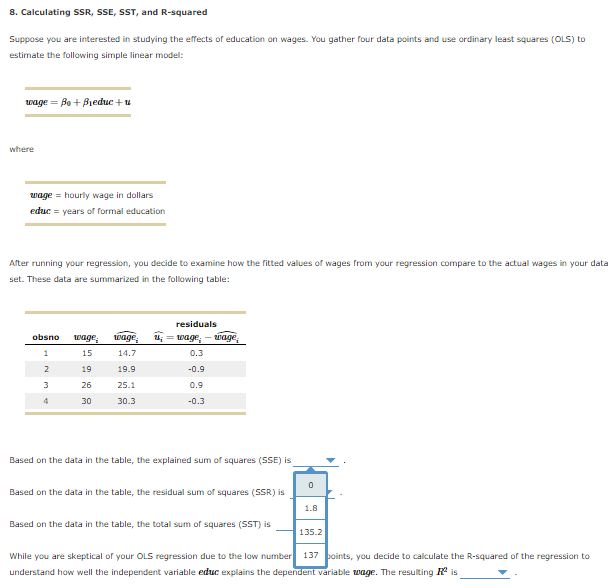 Solved 8. Calculating SSR, SSE, SST, and R-squared Suppose | Chegg.com