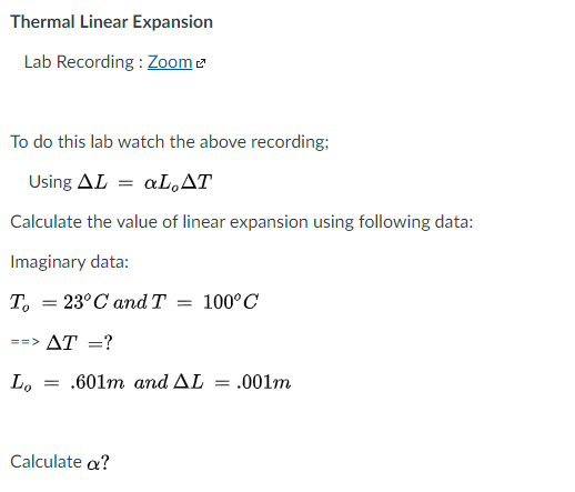 Solved Thermal Linear Expansion Lab Recording : Zoome To do | Chegg.com
