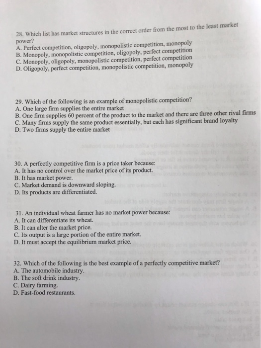 Solved 28. Which list has market structures in the correct | Chegg.com