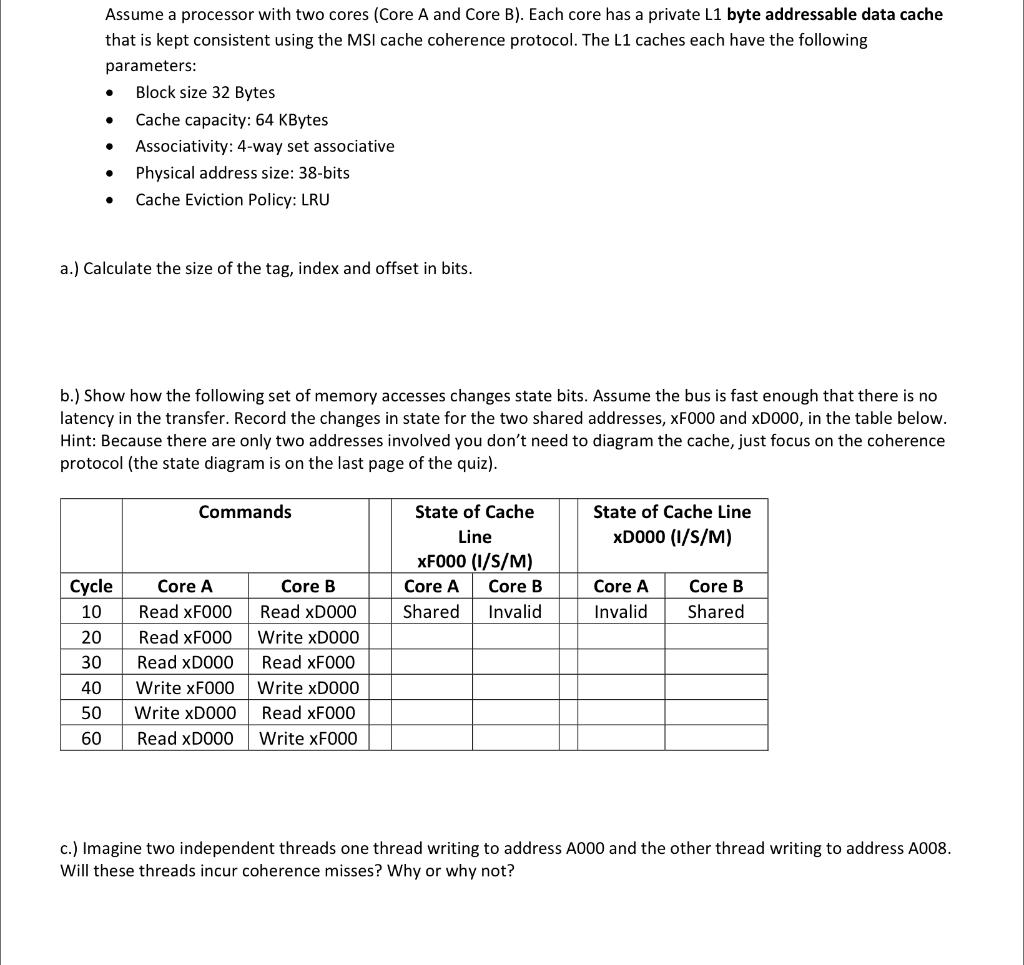 Solved Assume a processor with two cores (Core A and Core | Chegg.com