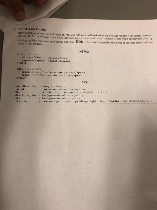 Solved 1. HTMLCSS Tracing Draw a picture of that the HTML is | Chegg.com
