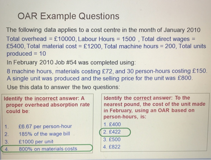 Solved OAR Example Questions The following data applies to a | Chegg.com