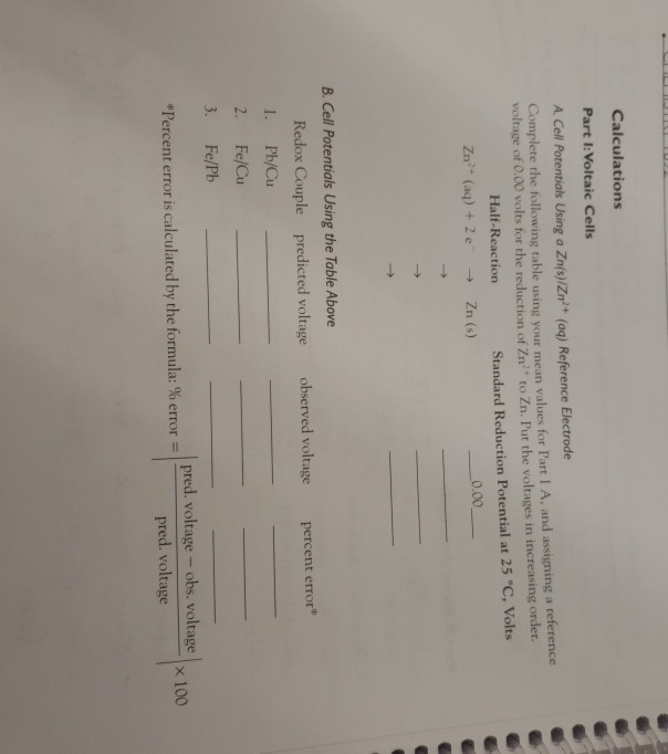 Solved Calculations Part I: Voltaic Cells A Cell Potentials | Chegg.com