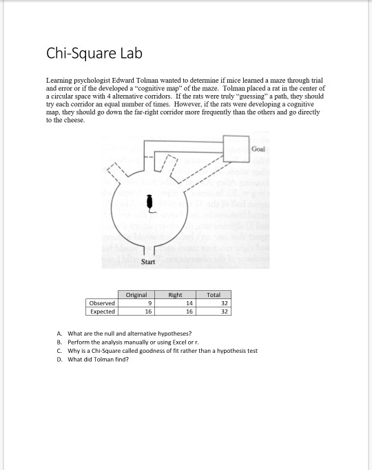 Solved Chi-Square Lab Learning psychologist Edward Tolman | Chegg.com