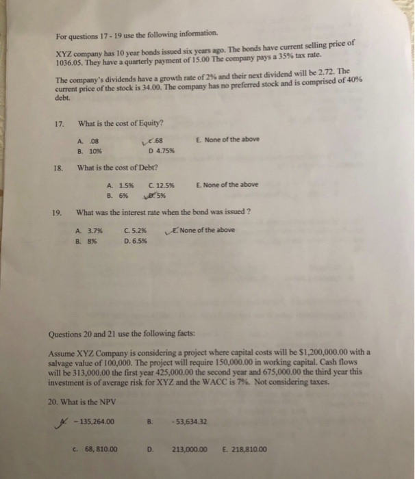 Solved For questions 17-19 use the following information. | Chegg.com