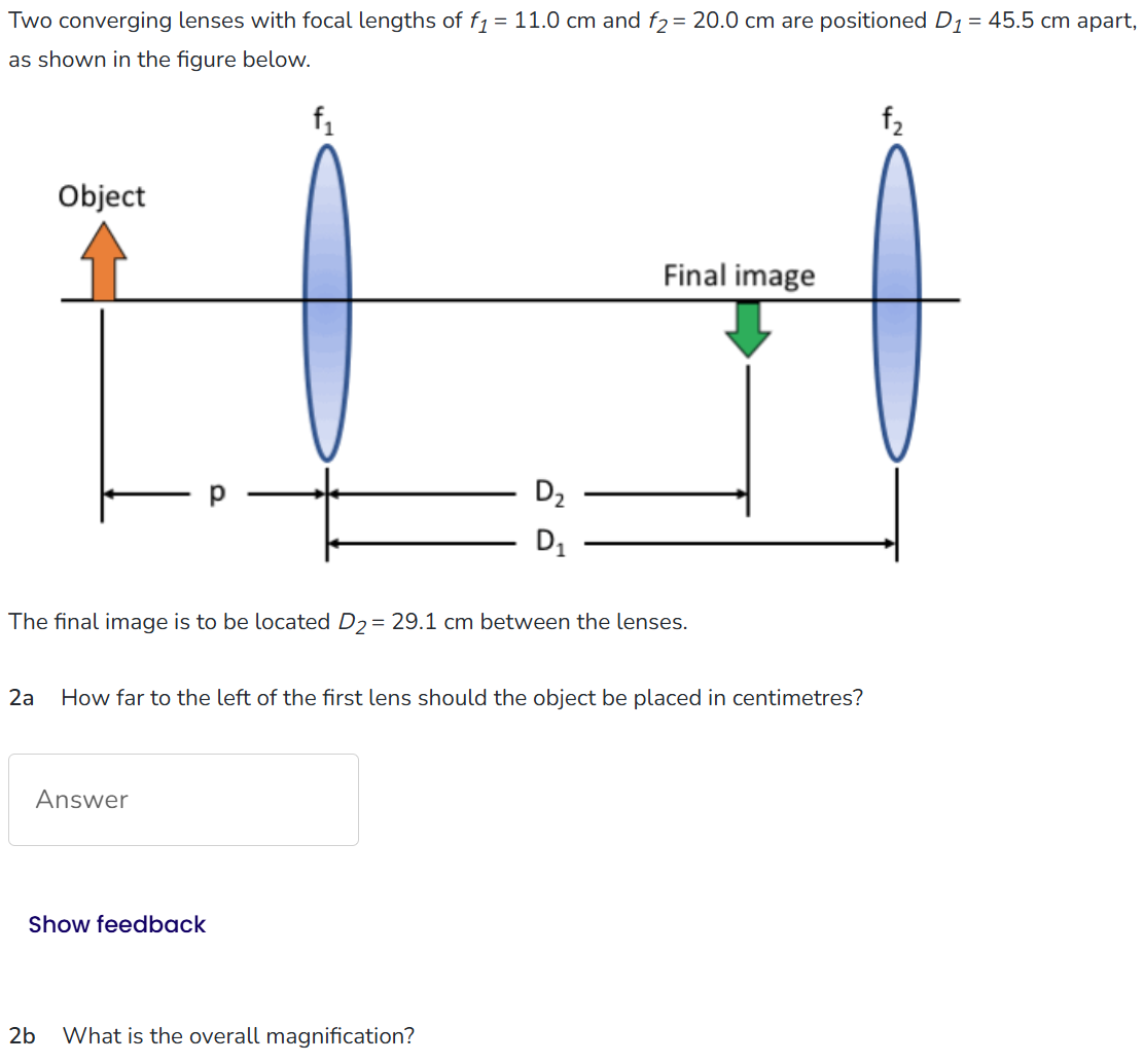 Solved Two converging lenses with focal lengths of f1=11.0cm | Chegg.com