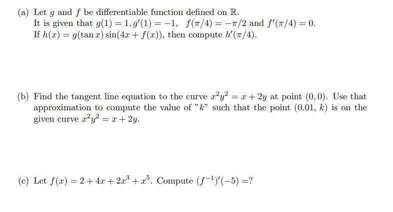 Solved (a) Let g and f be differentiable function defined on | Chegg.com