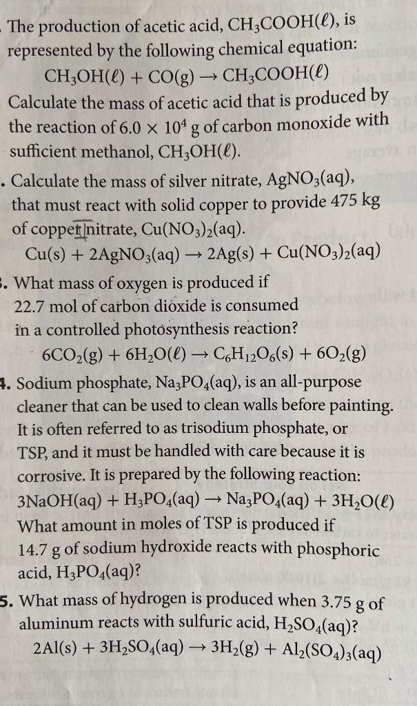 Solved The production of acetic acid, CH3COOH(l), is | Chegg.com