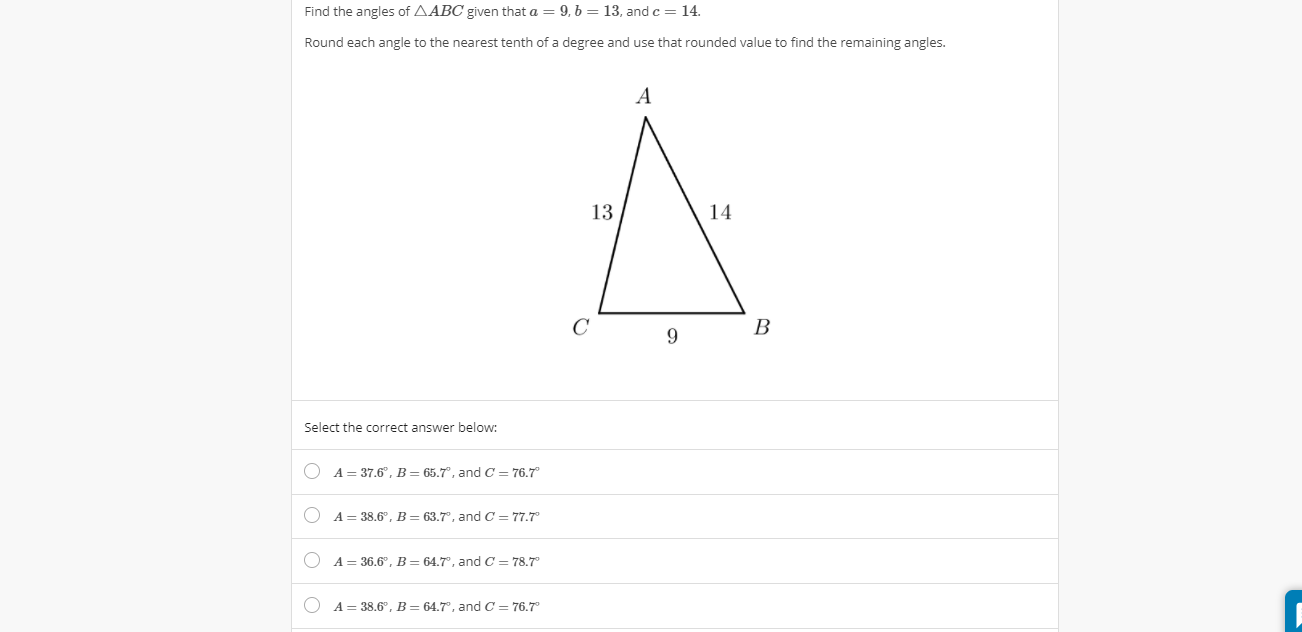 Solved Find the angles of ABC given that a=9, b=13, and | Chegg.com