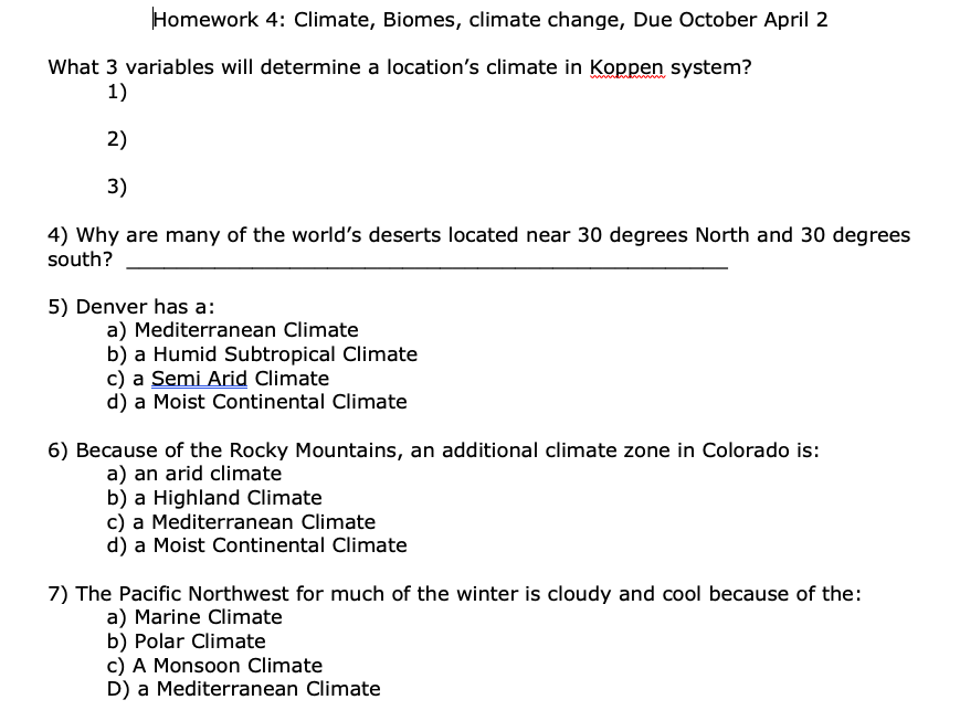 Solved Homework 4: Climate, Biomes, climate change, Due | Chegg.com