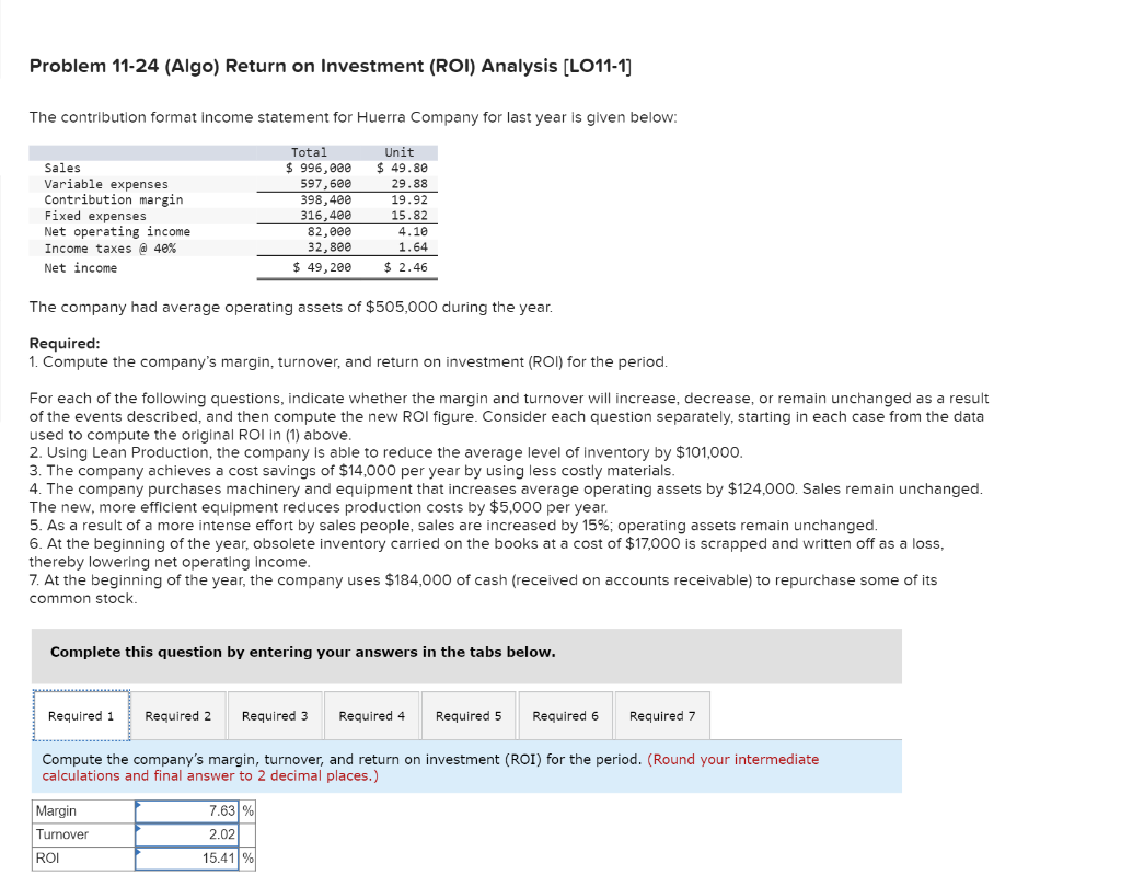 Solved Problem 11-24 (Algo) Return on Investment (ROl) | Chegg.com
