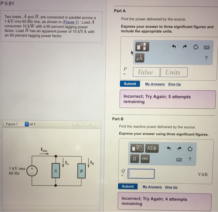 Solved P 5.81 Part A Two loads, A and B, are connected in | Chegg.com