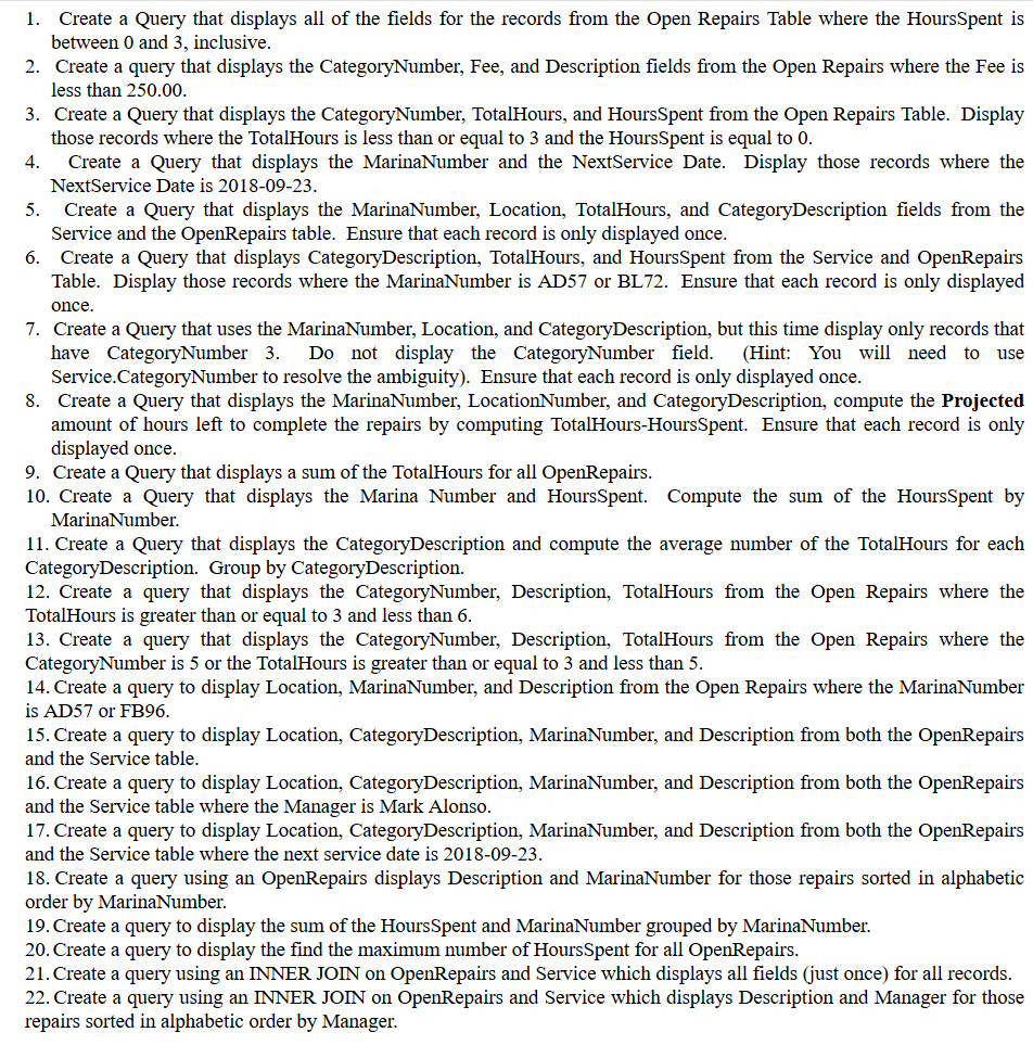 Solved Name Location MarinaNumber Type Char Char | Chegg.com