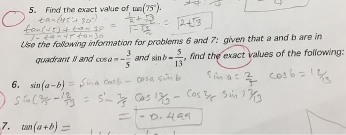 Solved 5. Find the exact value of tan(75) ta Use the | Chegg.com