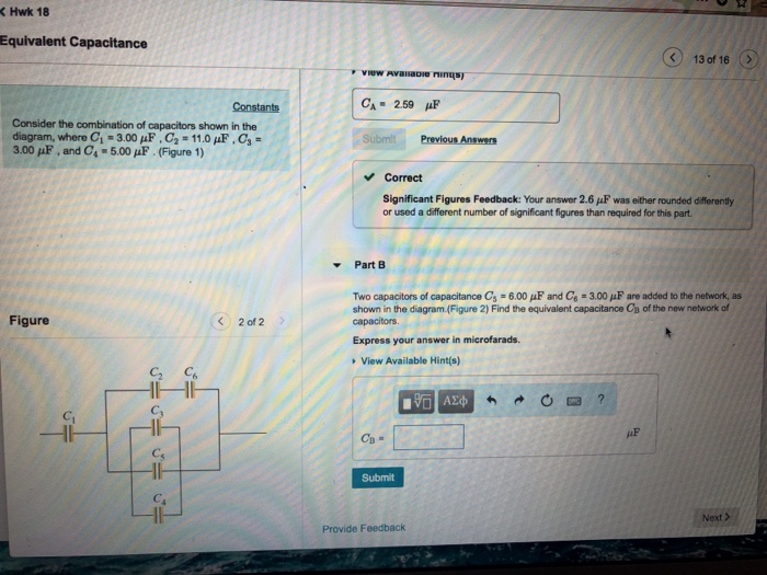 Solved Equivalent Capacitance K13 of 16> Constants CA. 2.59 | Chegg.com