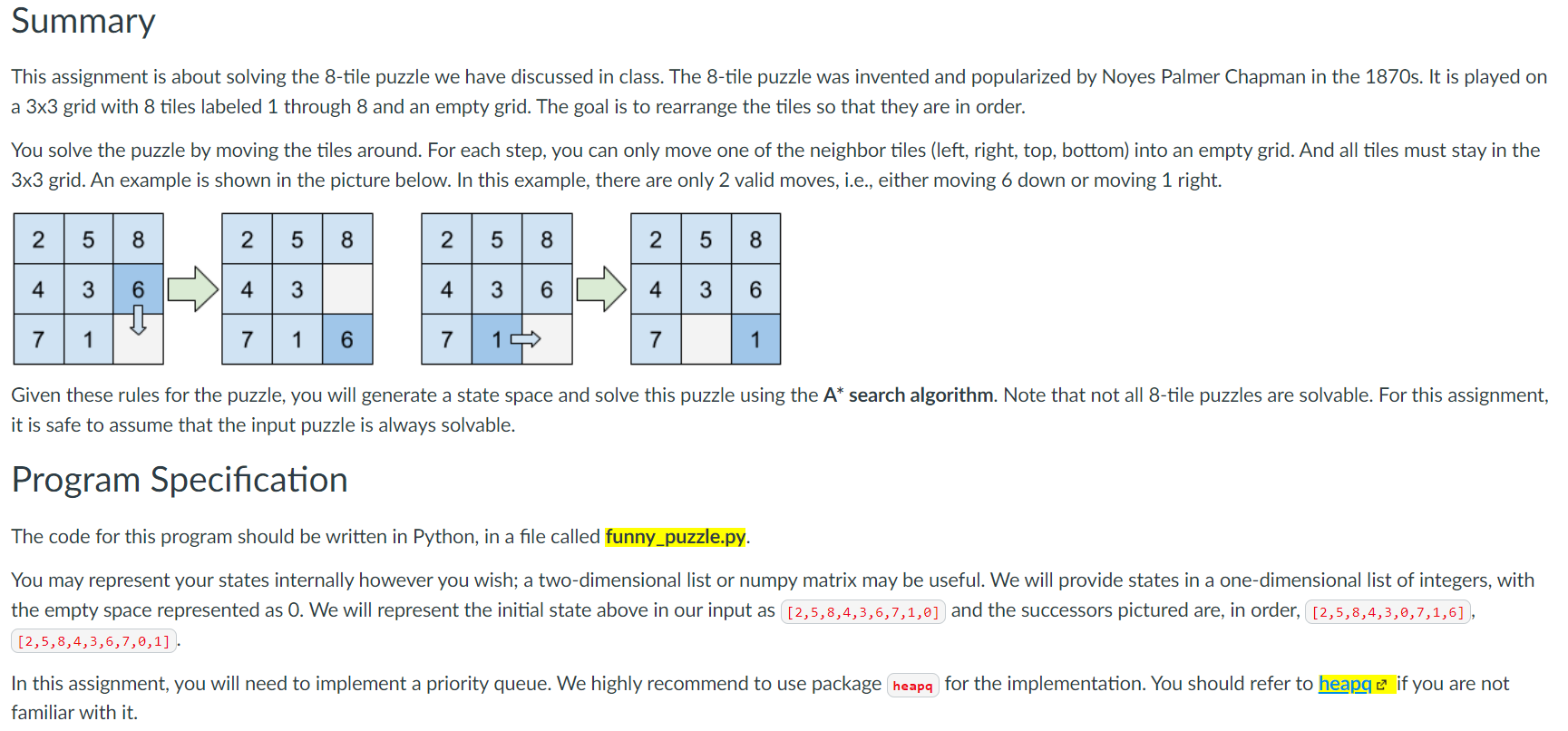 Solved Summary This assignment is about solving the 8-tile | Chegg.com