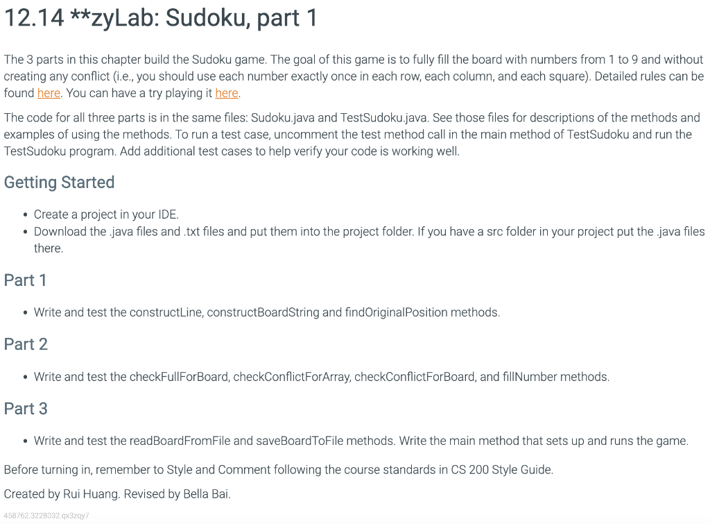 Solved 12.14 **zyLab: Sudoku, part 1 File 1 - | Chegg.com