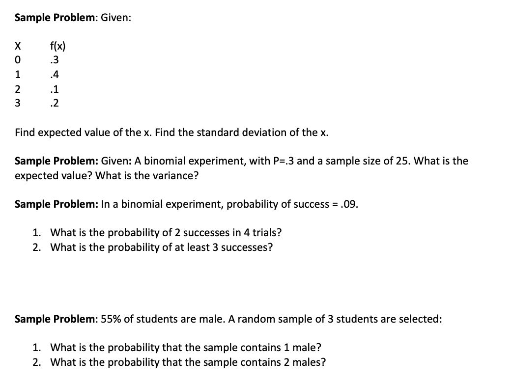 Solved Sample Problem: Given: XOHnm f(x) .3 .4 Find expected | Chegg.com