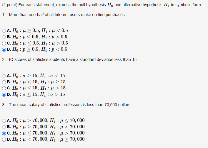 Solved (1 point) For each statement, express the null | Chegg.com