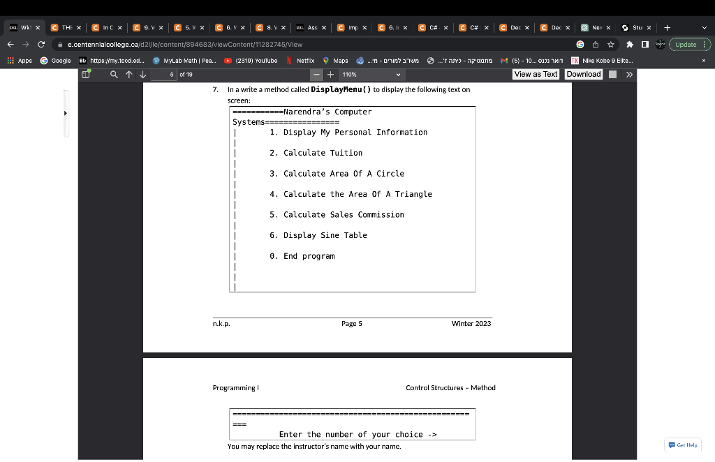 Solved In a write a method called DisplayMenu () to display | Chegg.com