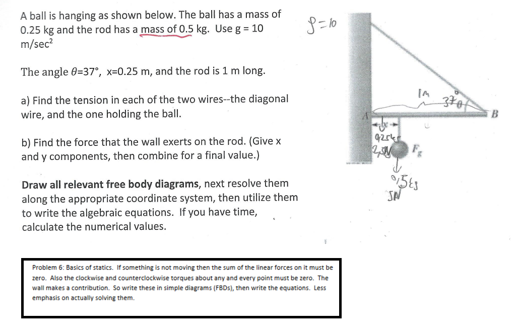 Solved A ball is hanging as shown below. The ball has a mass | Chegg.com