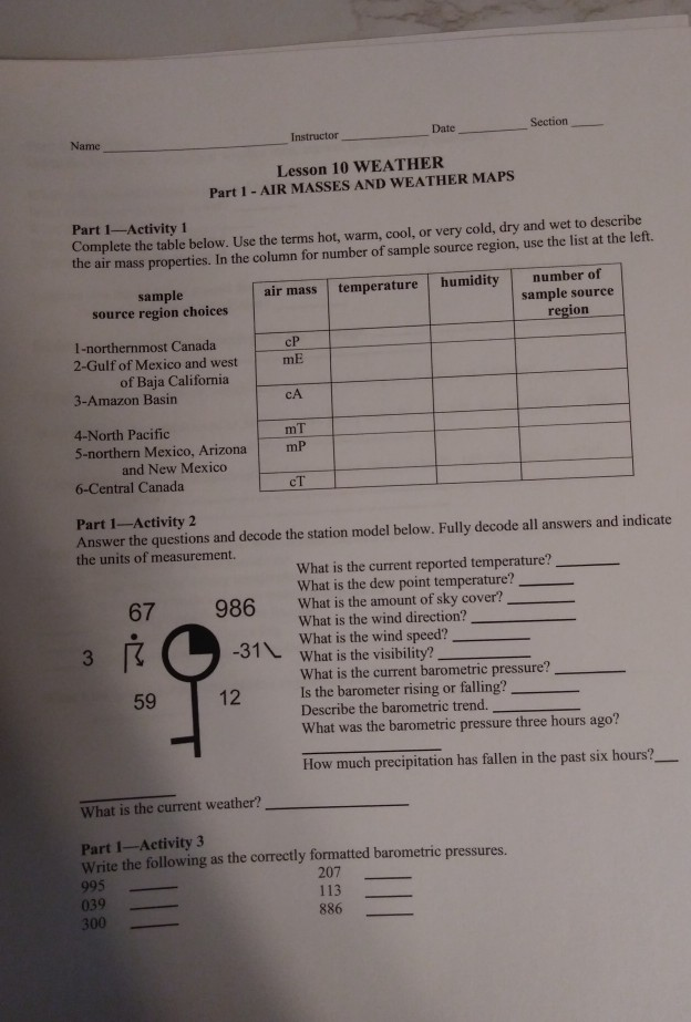 Solved Section Date Instructor Name Lesson 10 WEATHER Part 1 | Chegg.com
