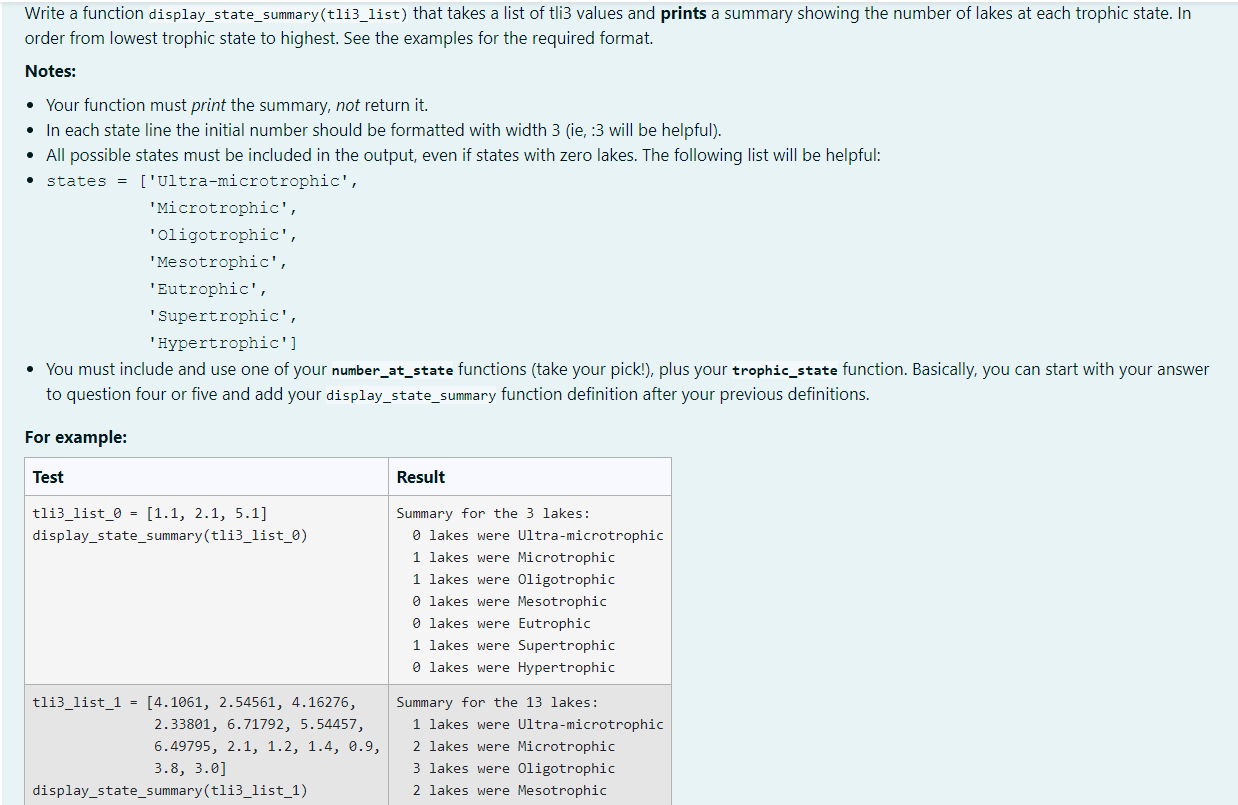 Solved def trophic_state(tli3): ""Fucntion that returns the | Chegg.com