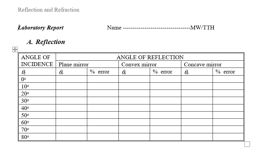 Solved Reflection and Refraction Laboratory Report Name | Chegg.com