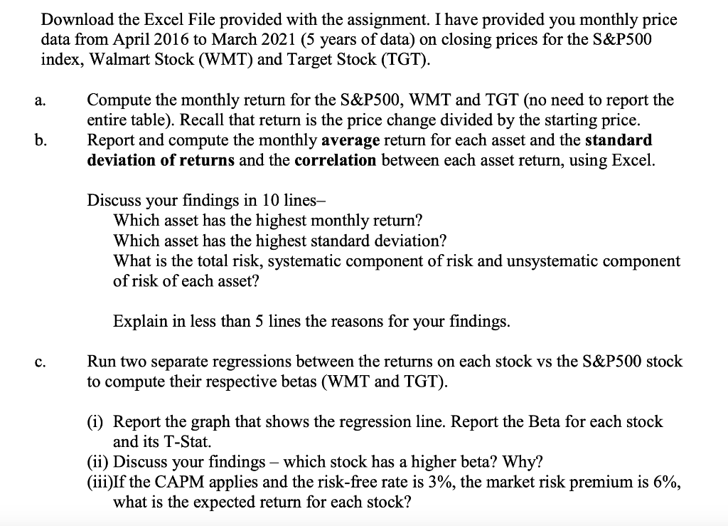 Solved Download the Excel File provided with the assignment. | Chegg.com
