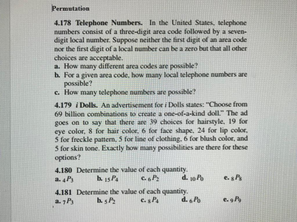 Solved Permutation 4.178 Telephone Numbers. In the United | Chegg.com