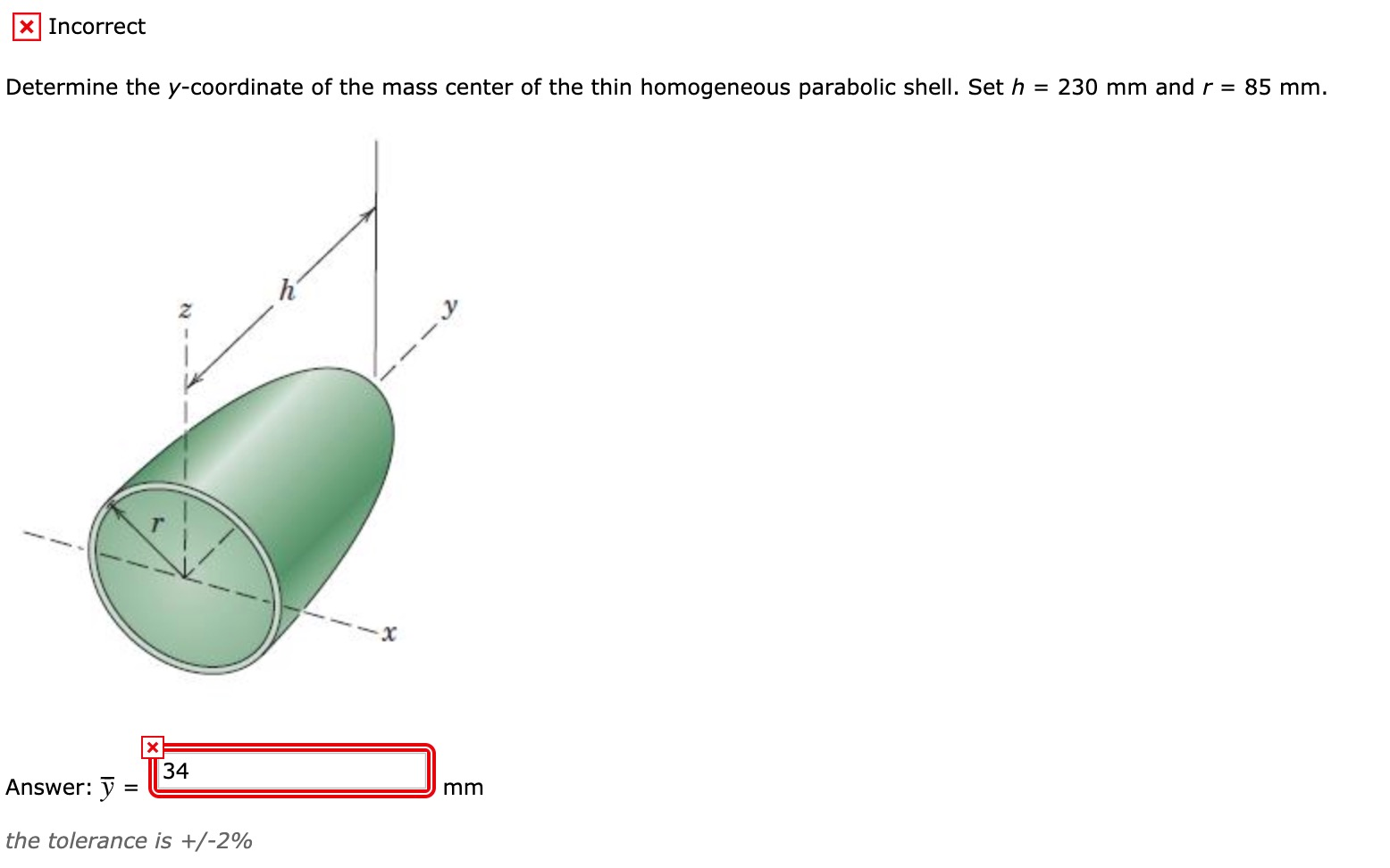 Solved X Incorrect Determine The Y Coordinate Of The Mass