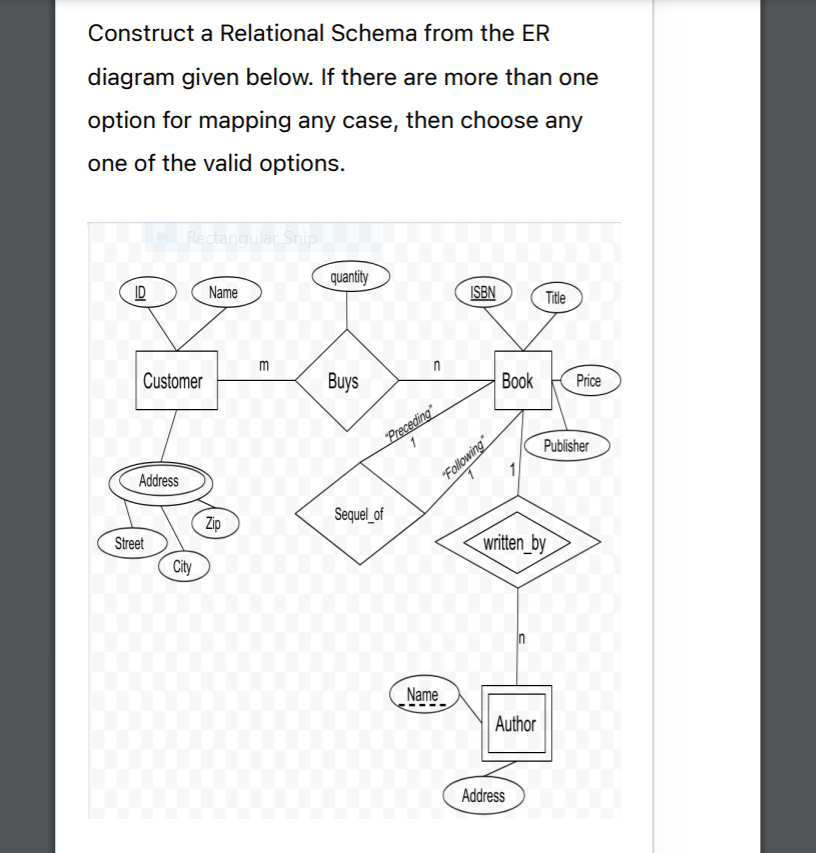 Solved Construct a Relational Schema from the ER diagram | Chegg.com
