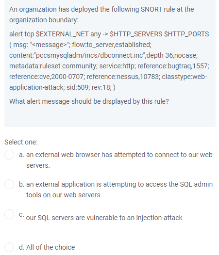 Solved An organization has deployed the following SNORT rule | Chegg.com
