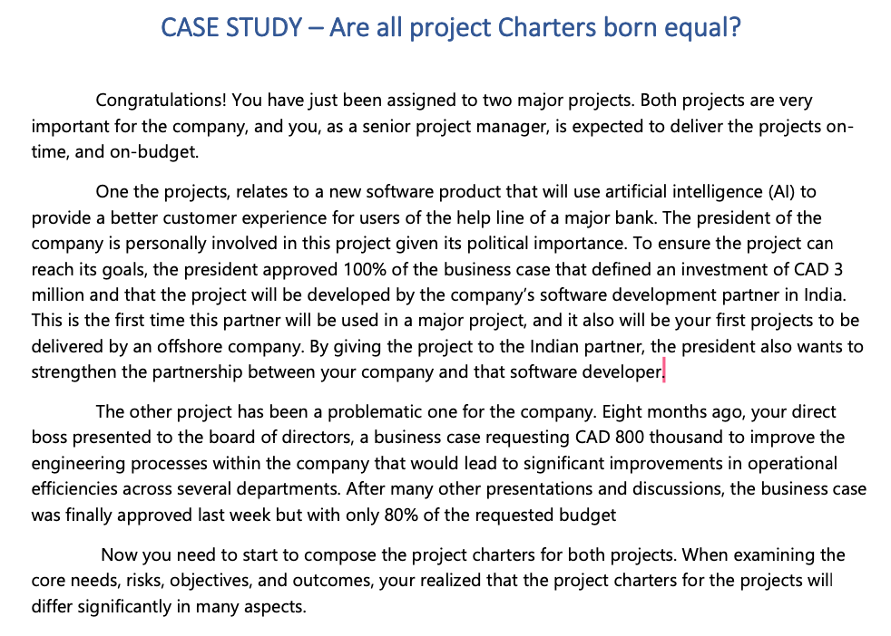 Solved CASE STUDY – Are all project Charters born equal? | Chegg.com