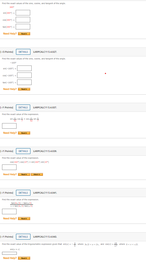 Solved Find the exact values of the sine, cosine, and | Chegg.com