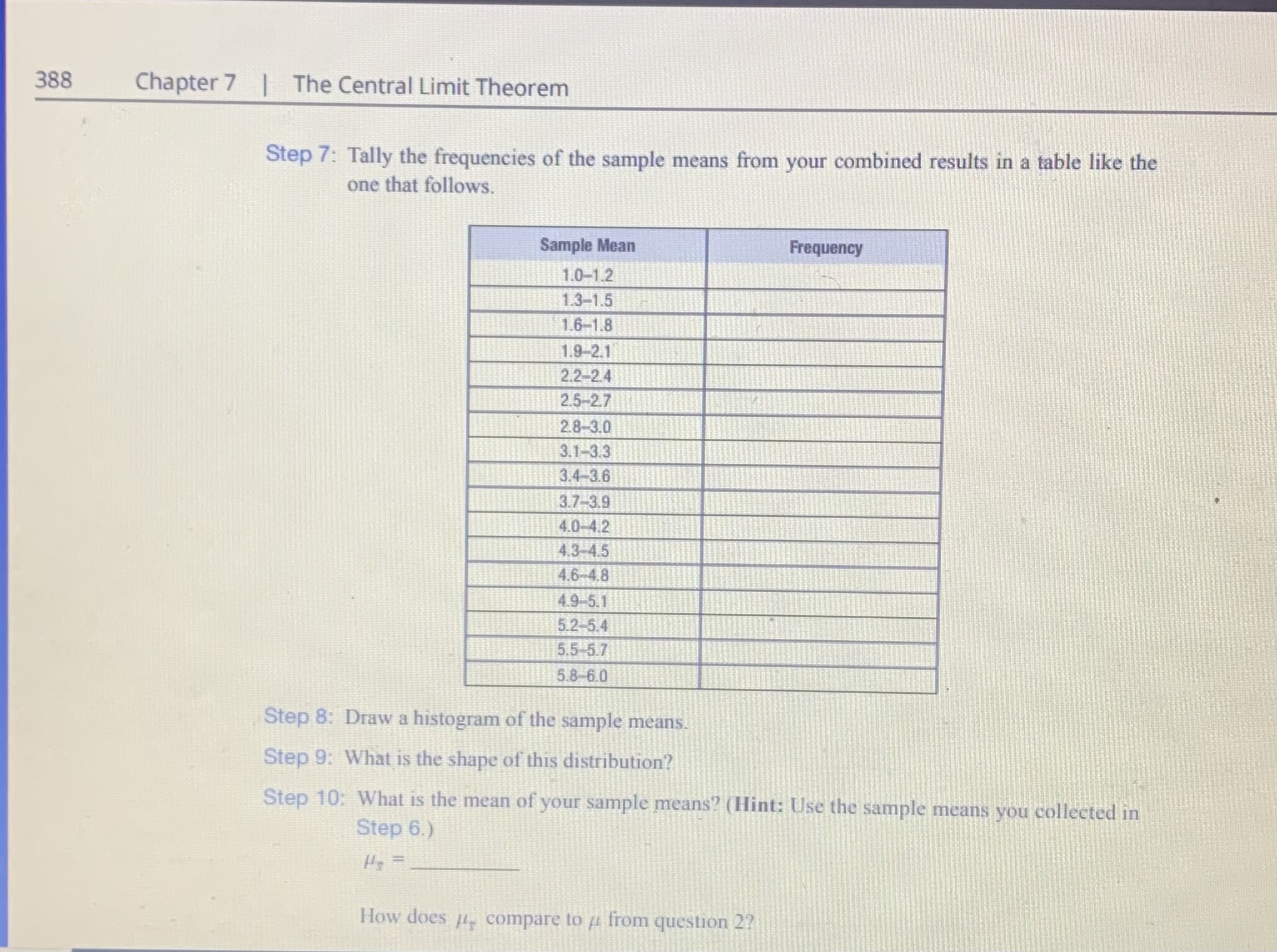 Step 7: Tally the frequencies of the sample means | Chegg.com